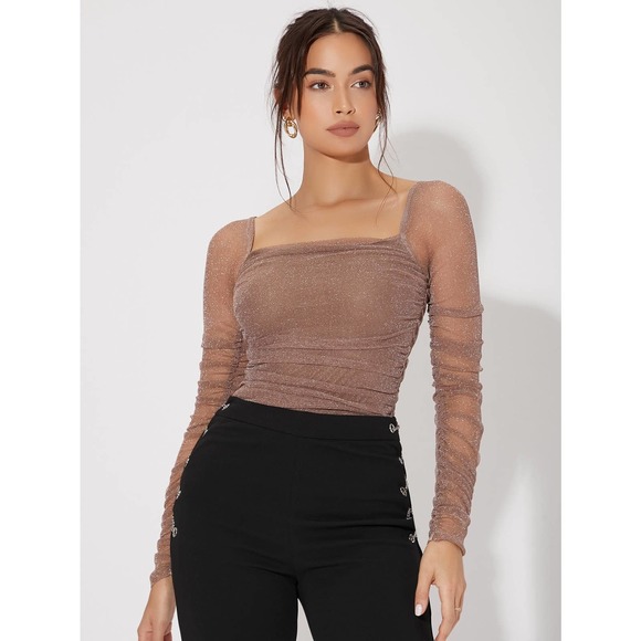 WILA | Tops | Mesh Panel Ruched Glitter Sheer Long Sleeve Square Neck ...